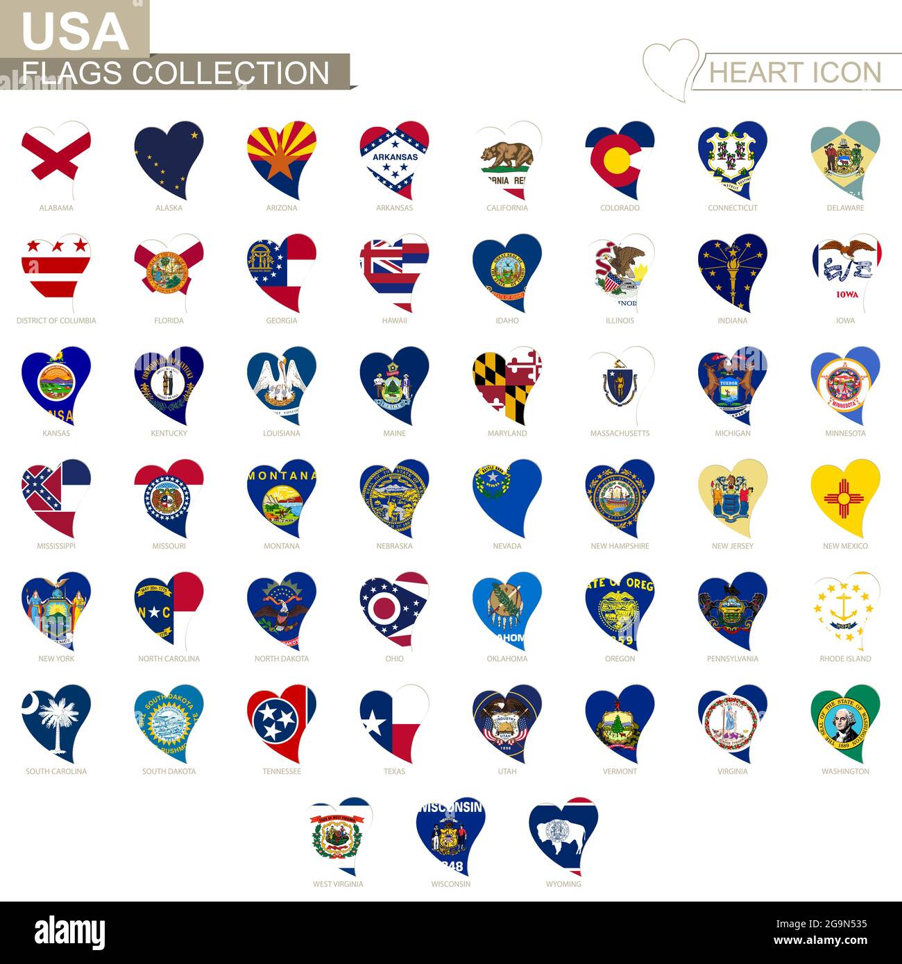 Vector flag collection of USA States. Heart icon set Stock Vector Image ...