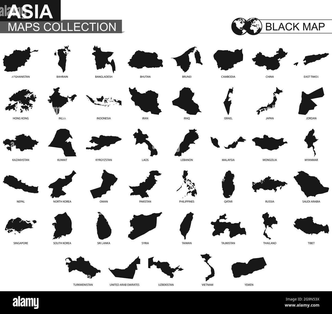 Maps collection countries of Asia, black contour maps of Asia. Vector ...