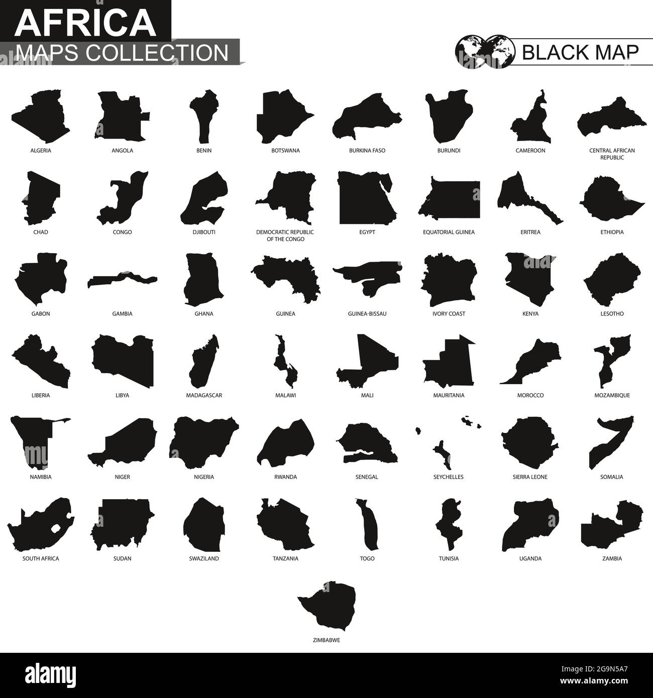 Maps collection countries of Africa, black contour maps of Africa ...