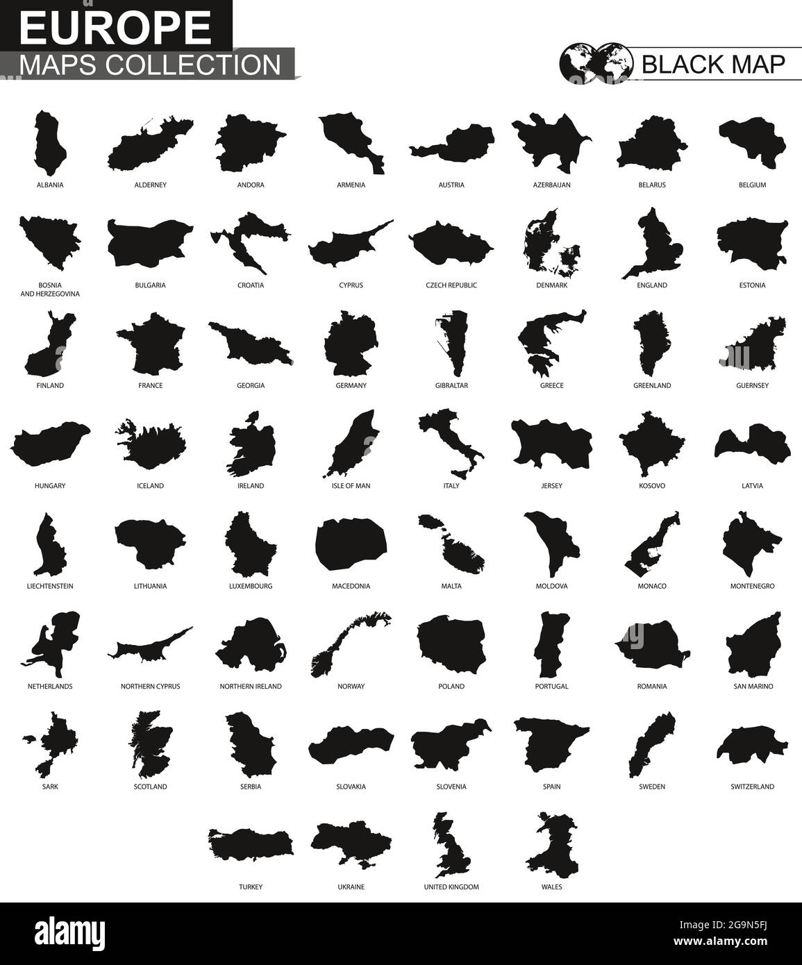 Maps collection countries of Europe, black contour maps of Europe ...