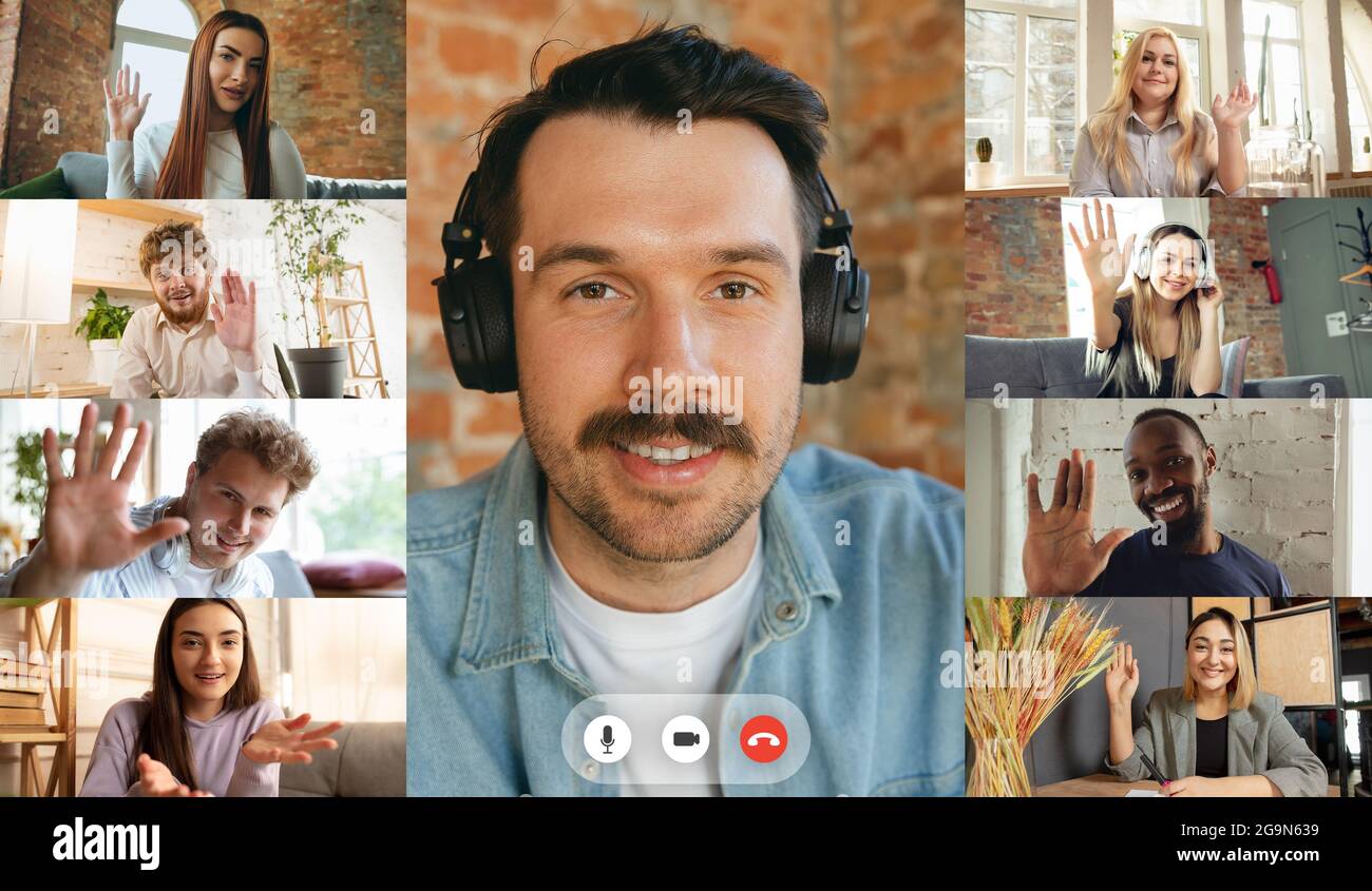 Greetings. Team working by group video call share ideas brainstorming ...