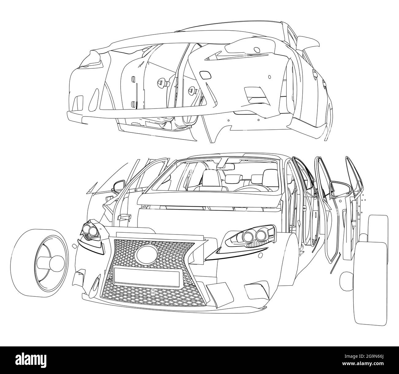 Machine outline disassembled into parts isolated on white background ...