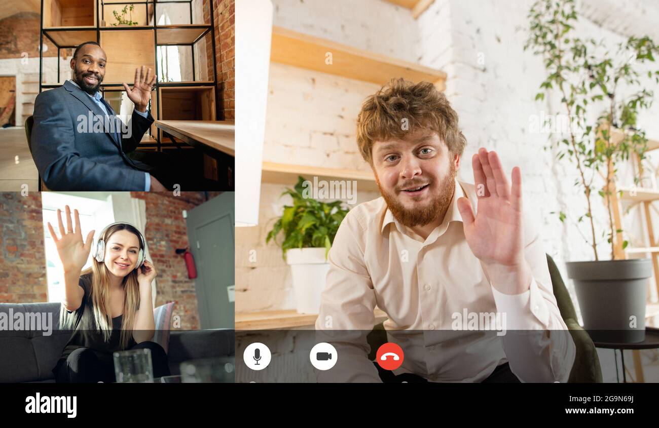 Greeting partners, colleagues. Team working by group video call share ...