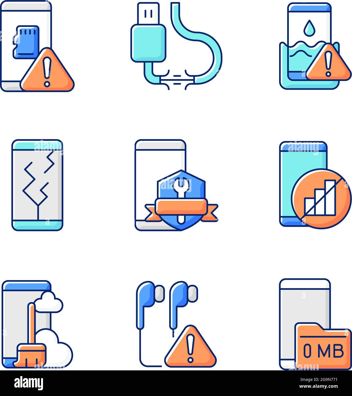 Mobile phone technical issues RGB color icons set Stock Vector Image ...