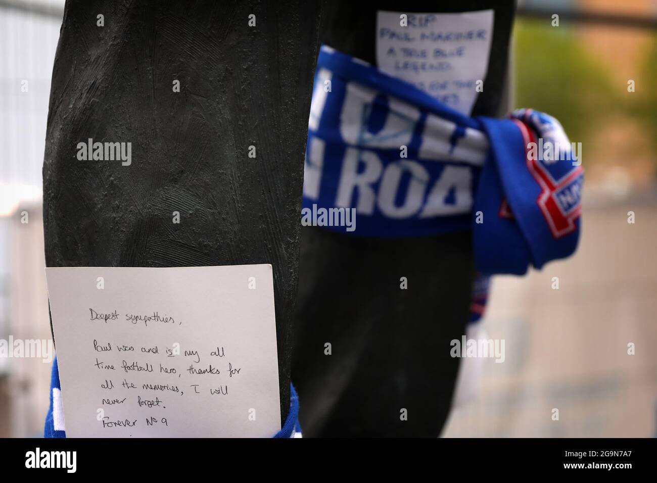 Paul Mariner messages are seen attached to the Sir Bobby Robson Statue ...