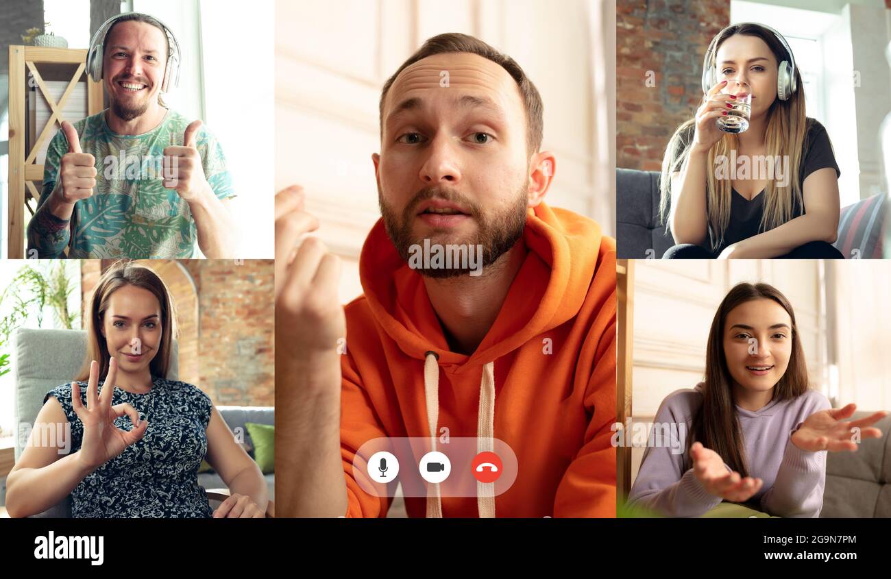 Speaker. Team working by group video call share ideas brainstorming use ...