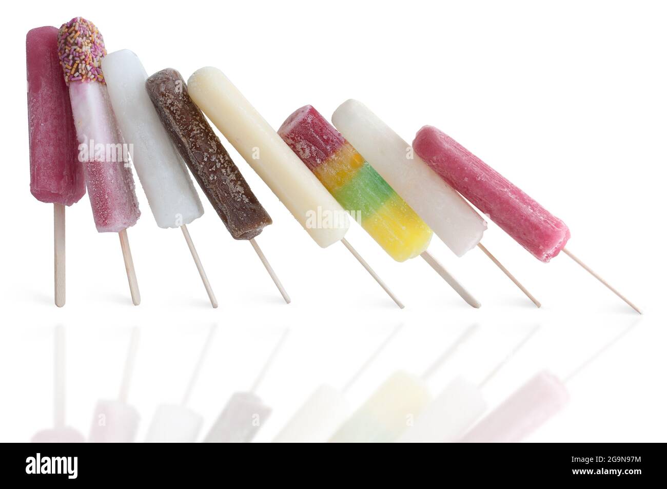 Frozen assorted ice lollies on a white background Stock Photo - Alamy