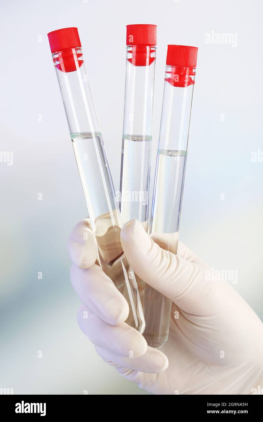 Hand holding test tubes on light background Stock Photo - Alamy