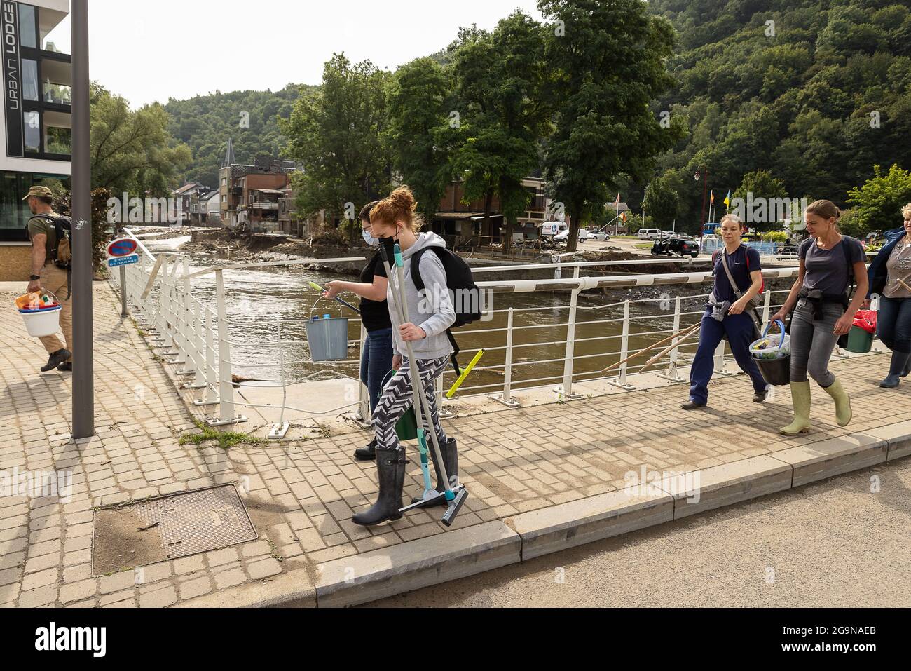Illustration shows cleaning teams with brushes, buckets and other ...