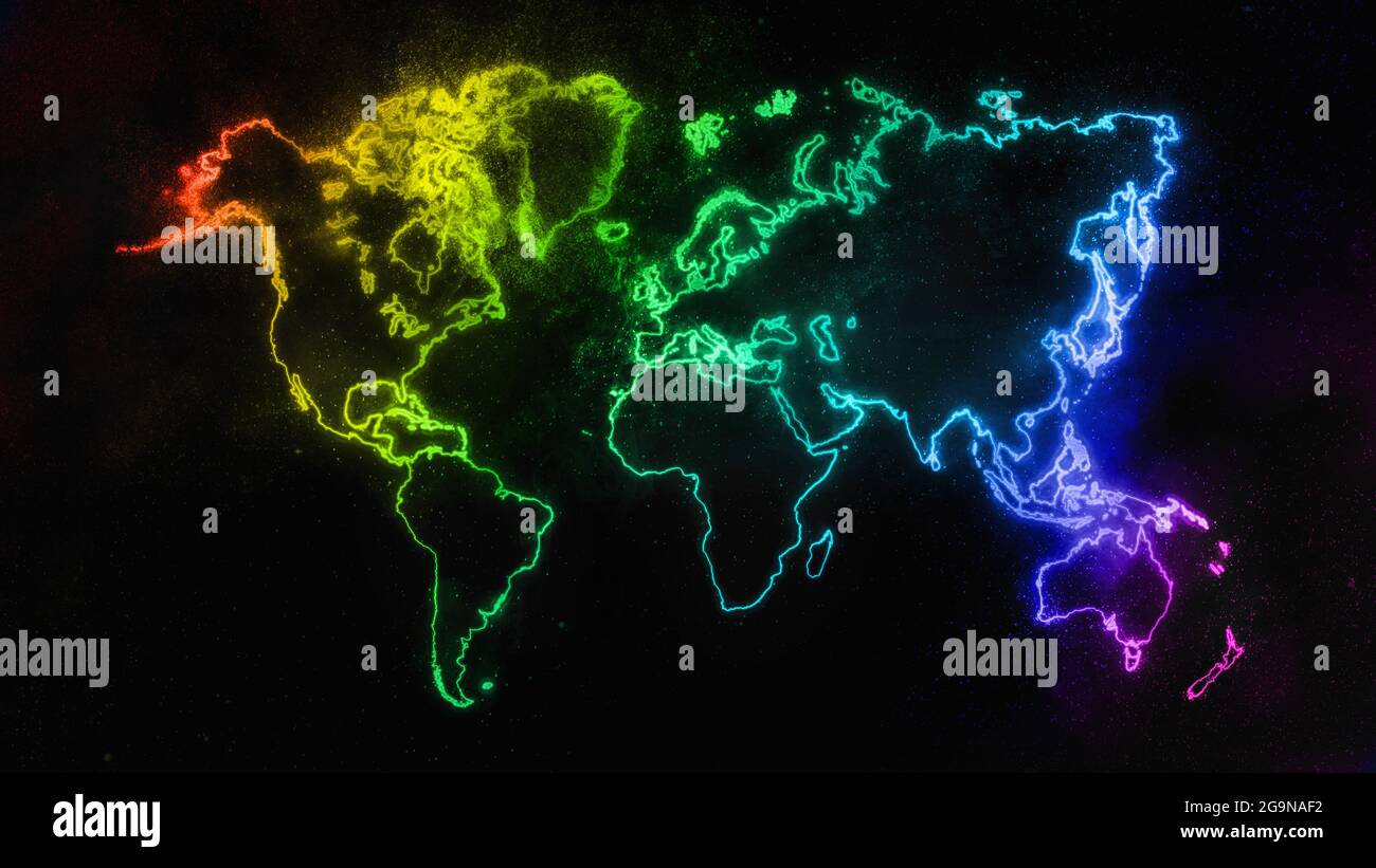 Colorful World Map on dark background, Rainbow Glowing World Map, Space ...