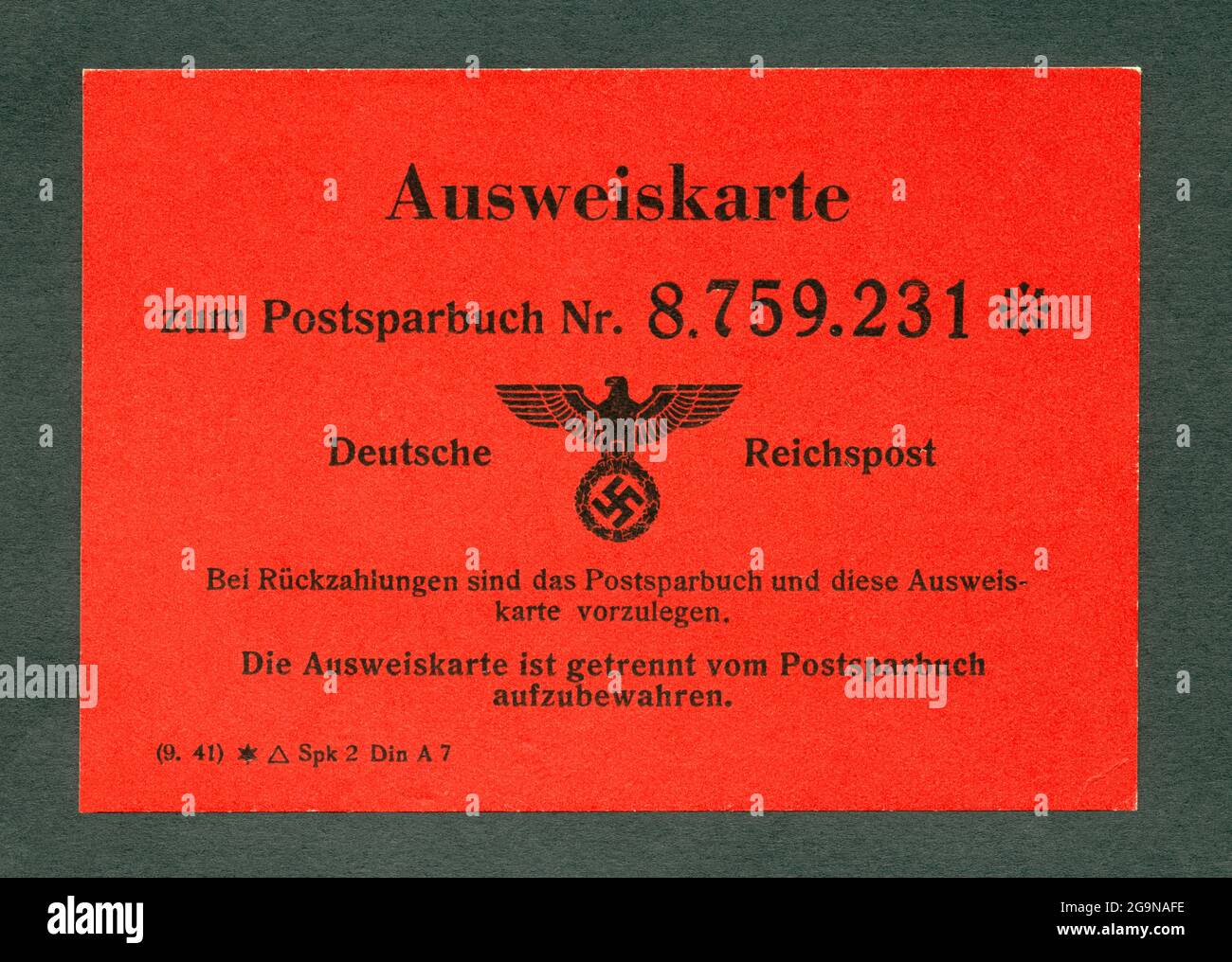 German Reichspost, postal savings book, identification card, size 10,3 ...