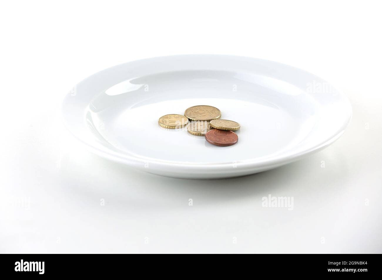Coins on plate isolated on white Stock Photo - Alamy
