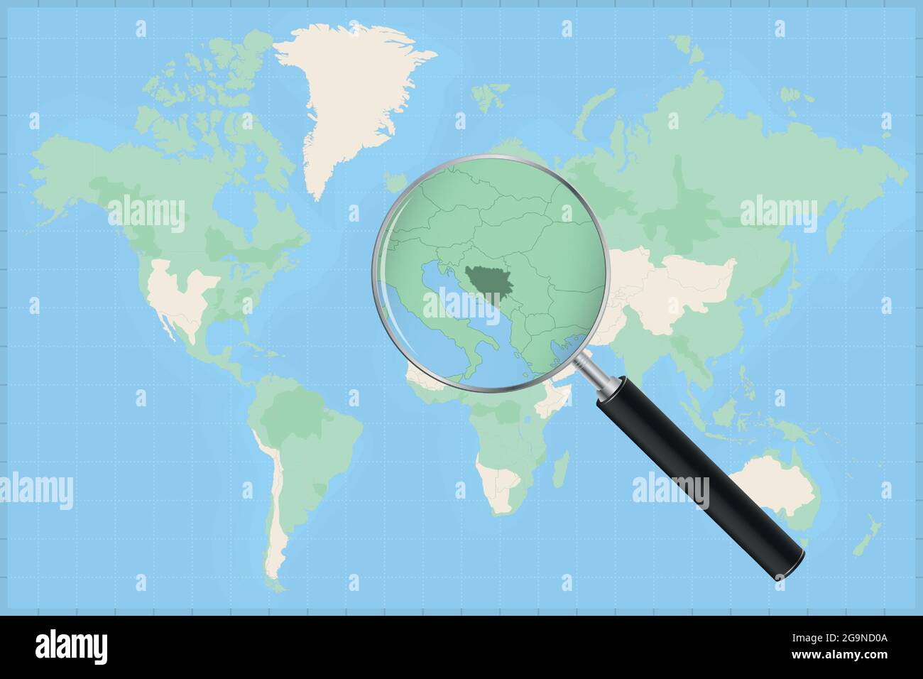 Map of the world with a magnifying glass on a map of Bosnia and ...