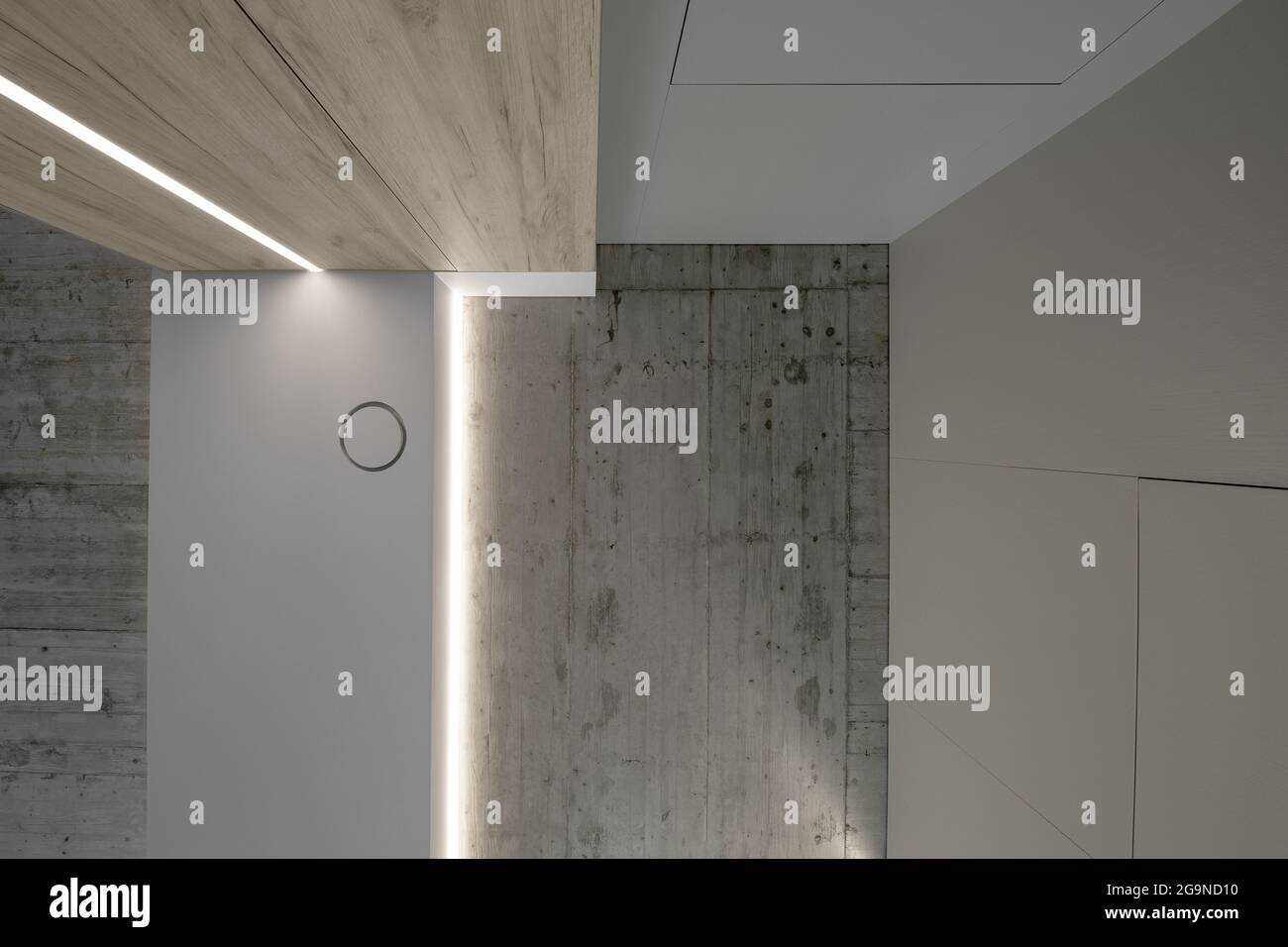 Room corner, three different textures: grey wall, natural wood wall ...