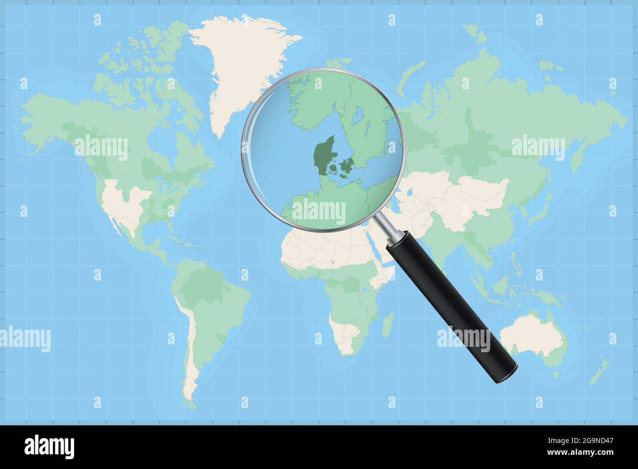 Map of the world with a magnifying glass on a map of Denmark Detailed ...