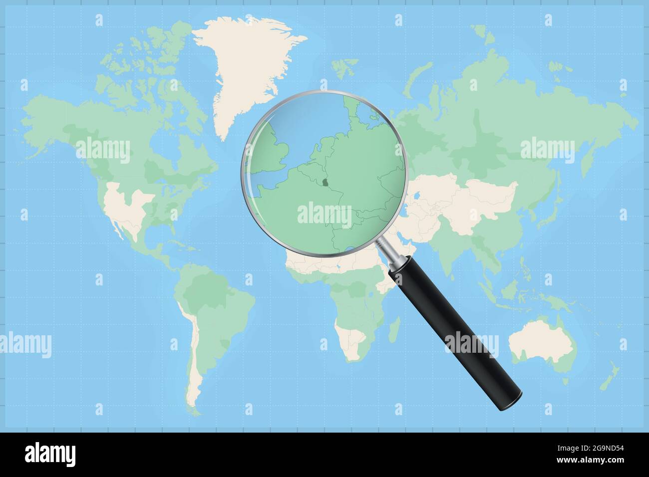 Map of the world with a magnifying glass on a map of Luxembourg ...
