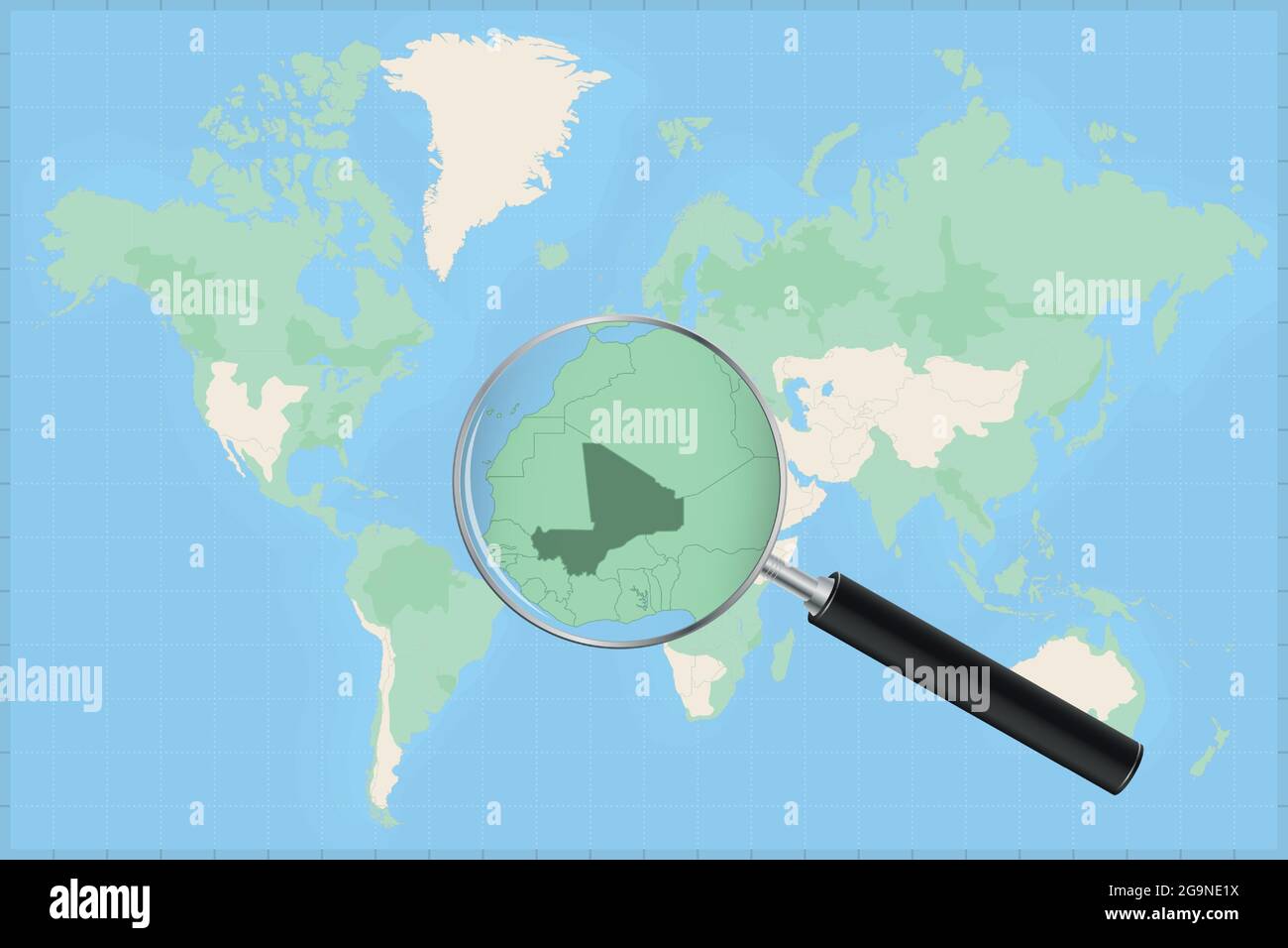 Map of the world with a magnifying glass on a map of Mali Detailed map of Mali and neighboring ...