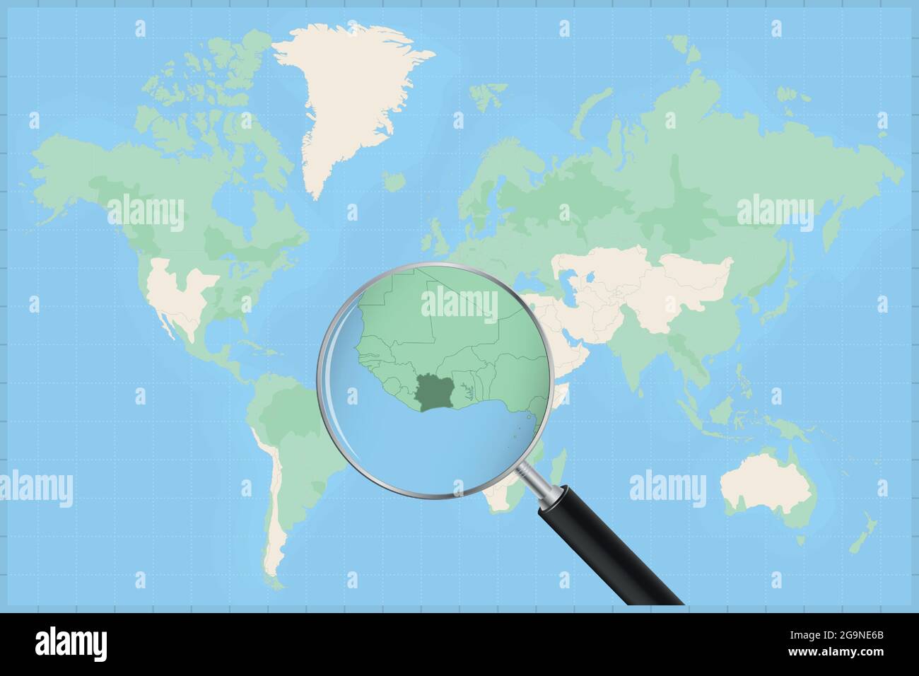 Map of the world with a magnifying glass on a map of Ivory Coast ...