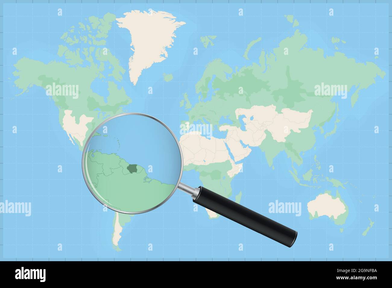 Map of the world with a magnifying glass on a map of Suriname Detailed ...