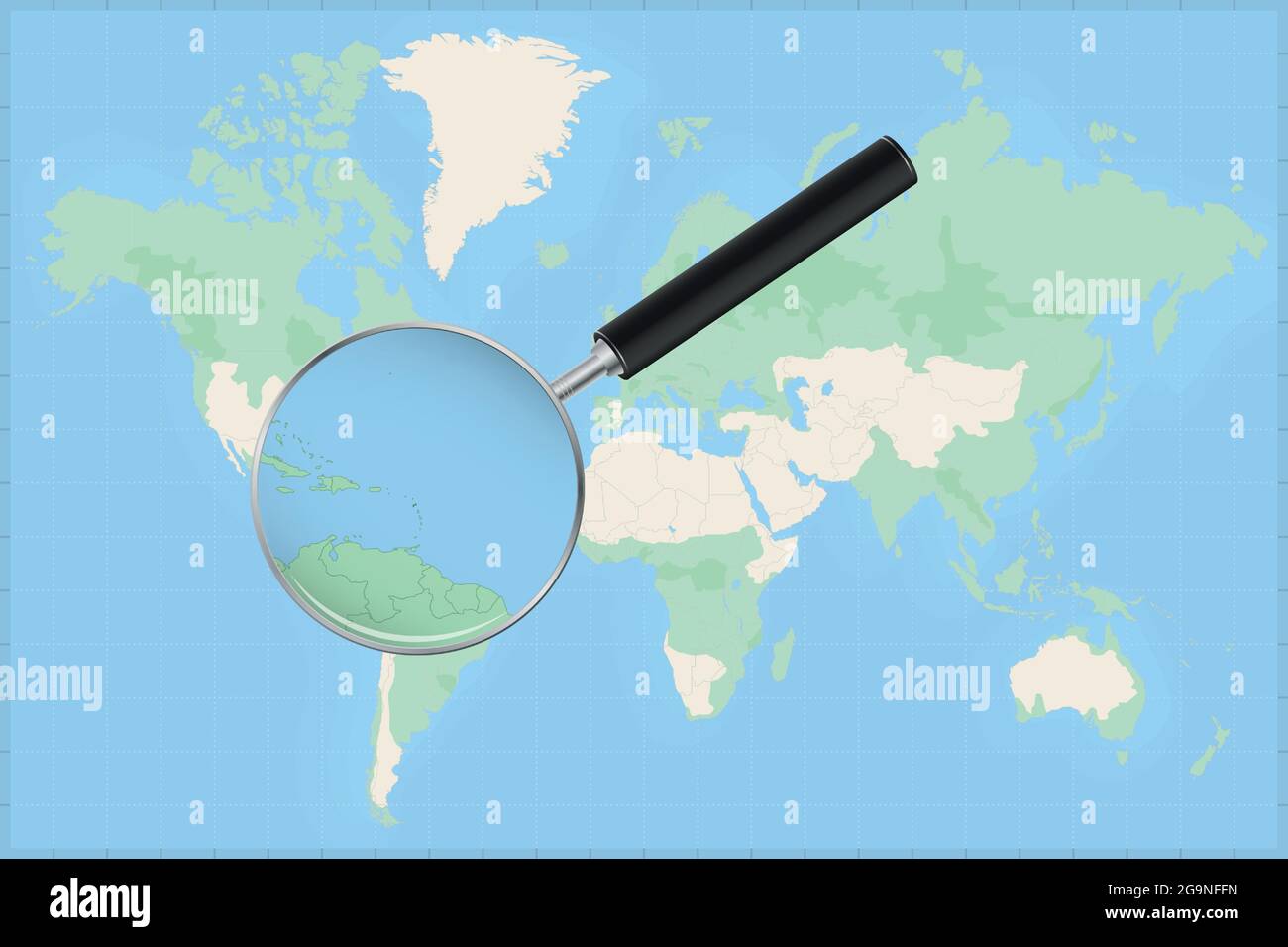 Map of the world with a magnifying glass on a map of Antigua and ...