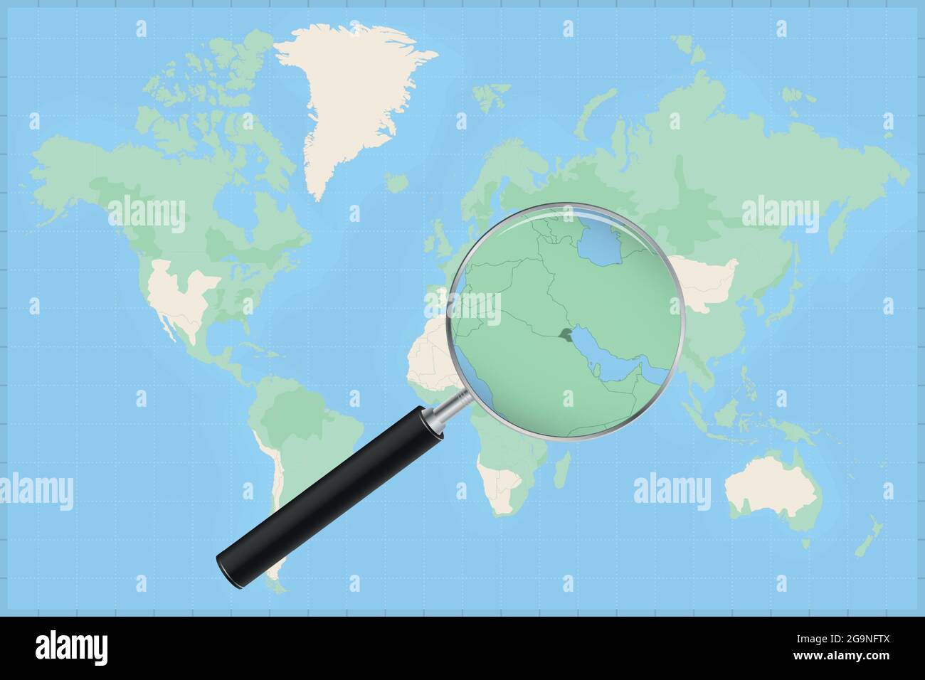 Map of the world with a magnifying glass on a map of Kuwait Detailed ...