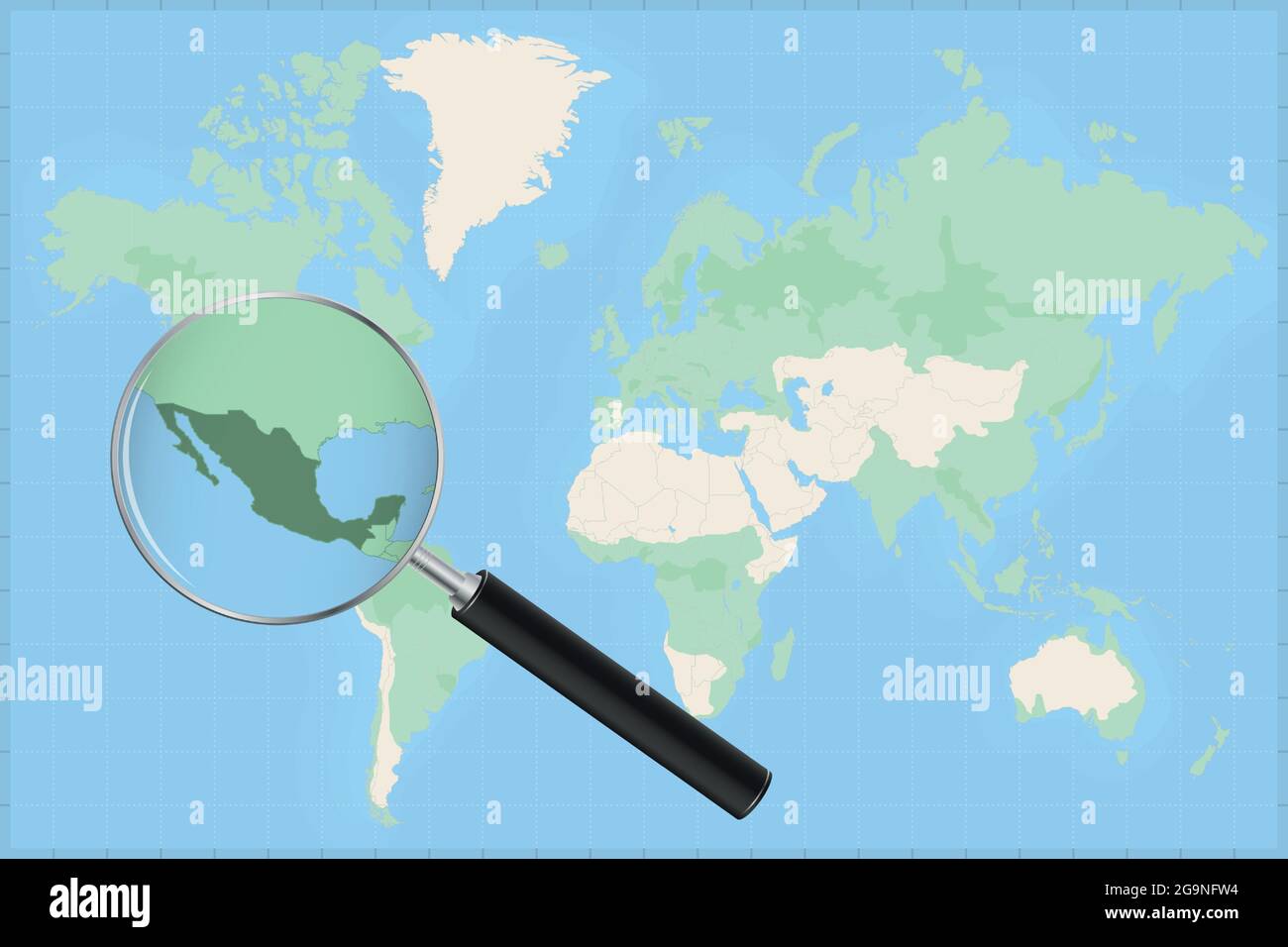 Map of the world with a magnifying glass on a map of Mexico Detailed ...