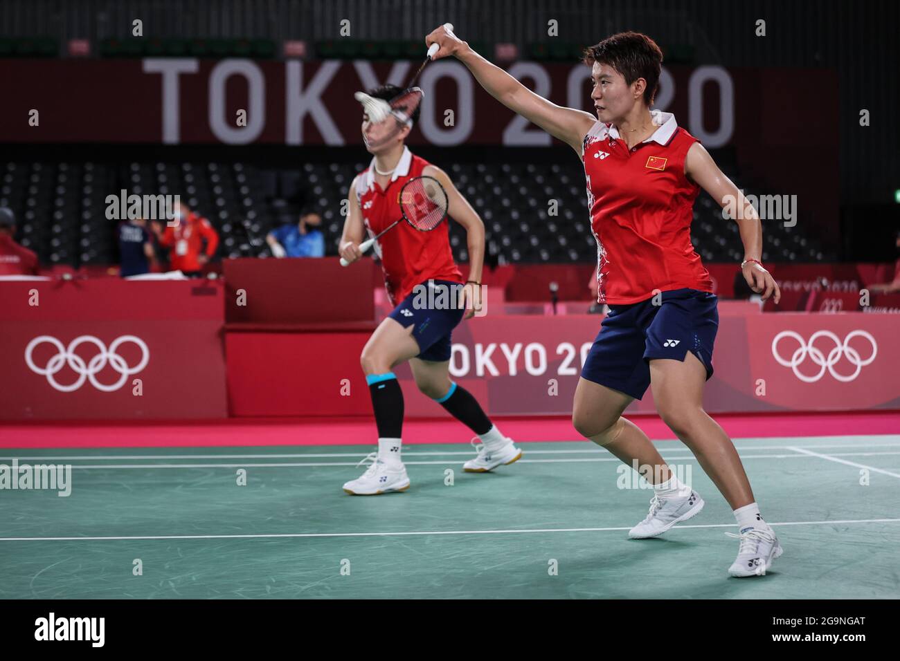 Tokyo, Japan. 27th July, 2021. Du Yue(R) /Li Yinhui of China compete ...