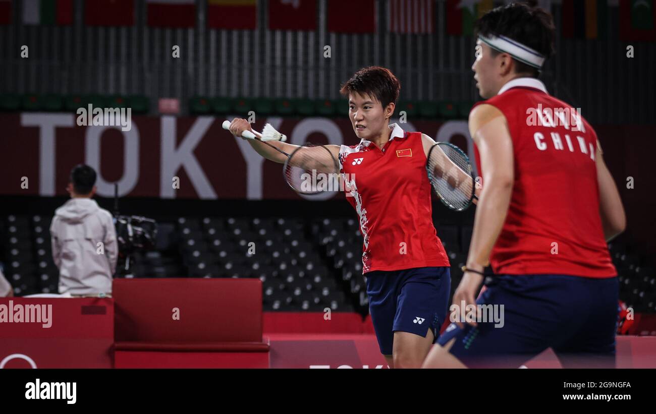 Tokyo, Japan. 27th July, 2021. Du Yue(L) /Li Yinhui of China compete ...