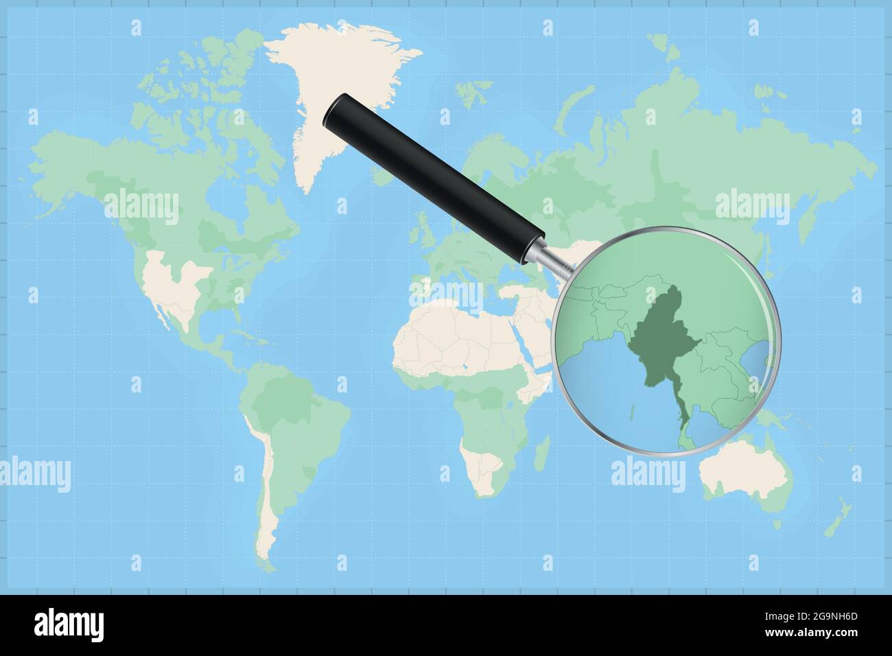 Map of the world with a magnifying glass on a map of Myanmar Detailed ...