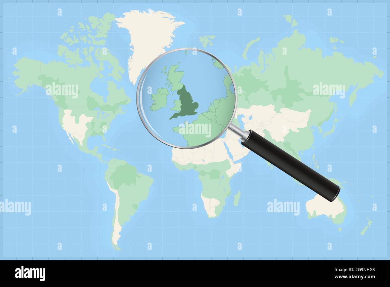 Map of the world with a magnifying glass on a map of England Detailed ...