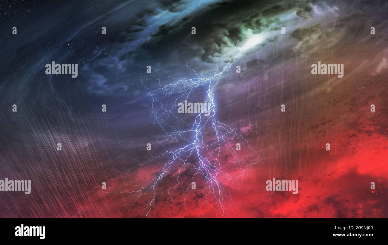 Huge hurricane from the inside. Clouds with hurricane eye and lightning bolt and rain above the ...