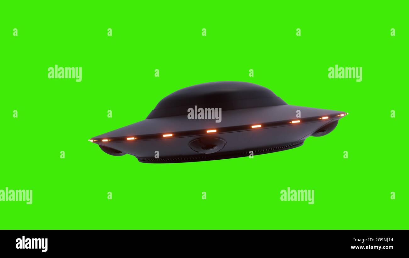 Realistic UFO on green screen background. Flying Saucer with RED lights ...