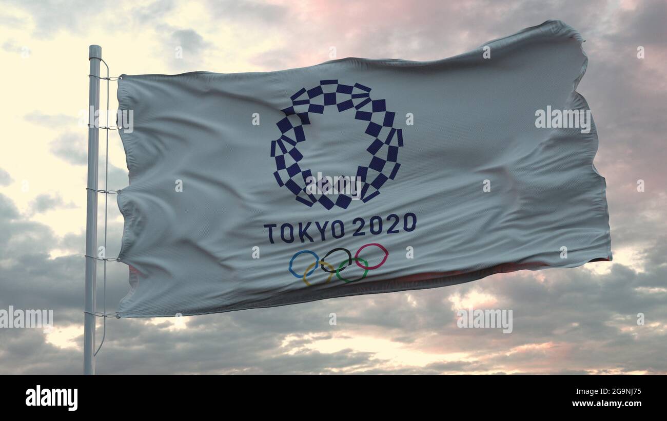 Flag of the olympic games in Tokyo 2020 fluttering in the wind. 3d ...
