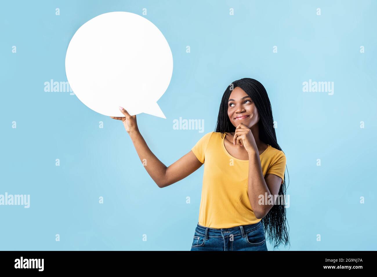 Black Lady Thinking Holding Speech Bubble Above Head, Blue Background ...
