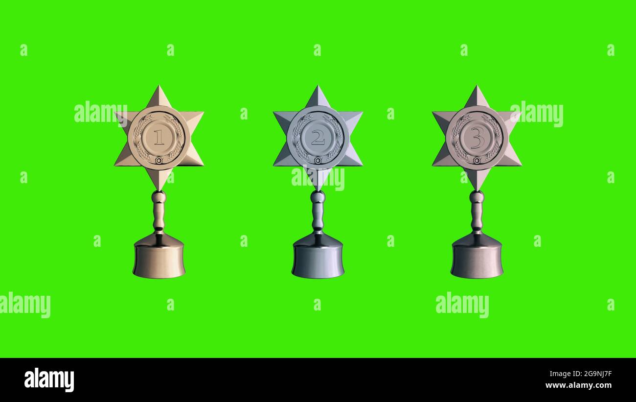 Spinning gold, silver and bronze trophies isolated on green screen. 3d ...