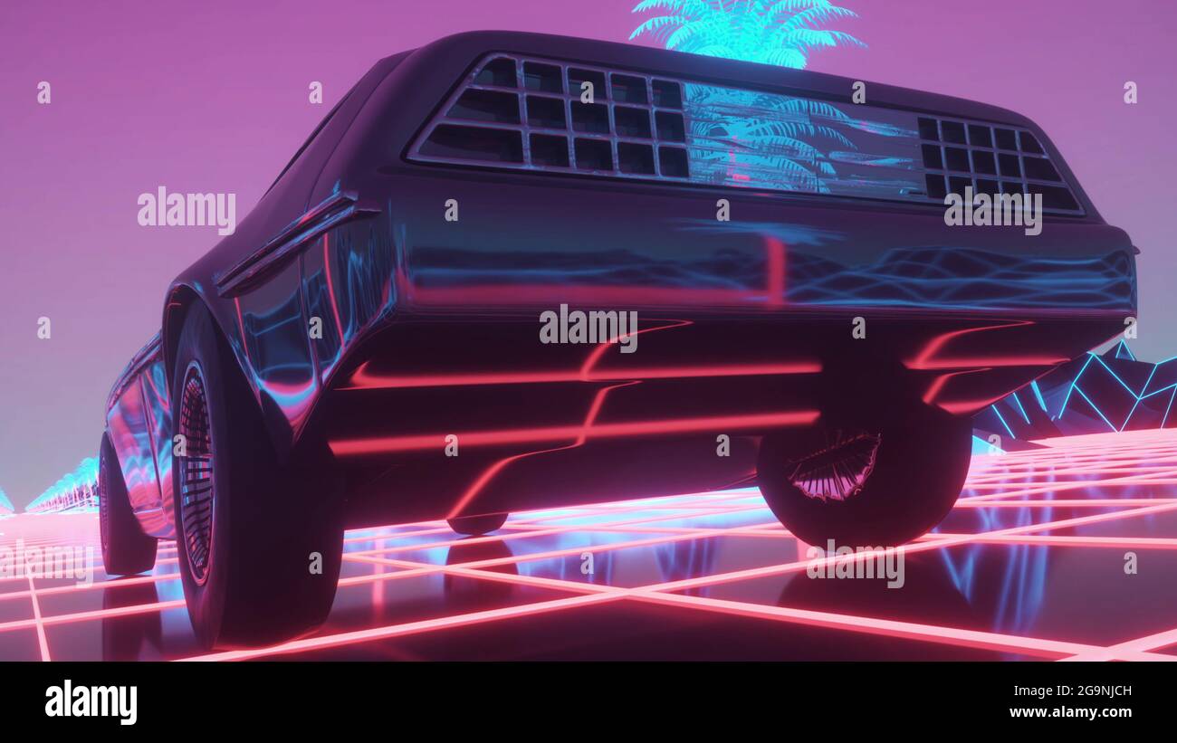 Car in neon cyberpunk style. 80s retrowave background. Retro futuristic ...
