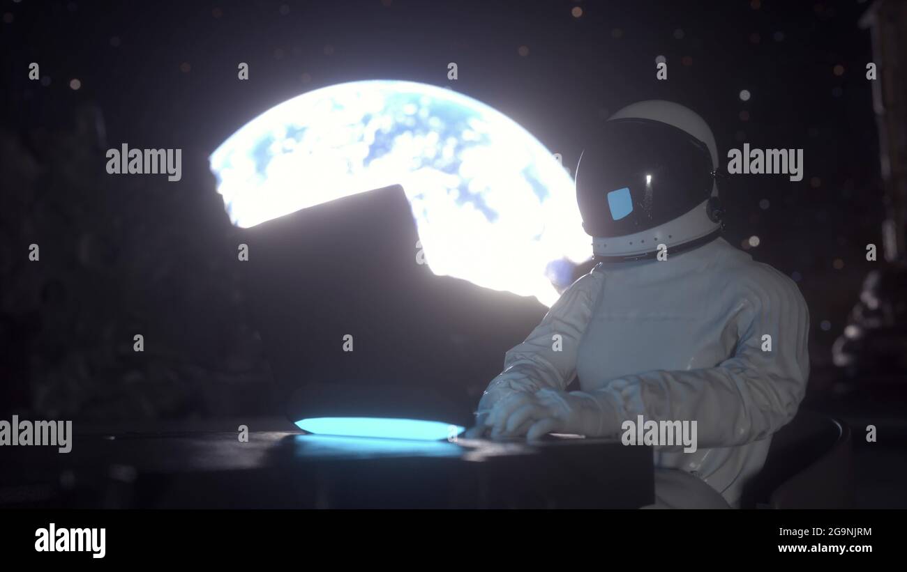 Astronaut works on his science laptop in a space colony on the moon. 3d ...