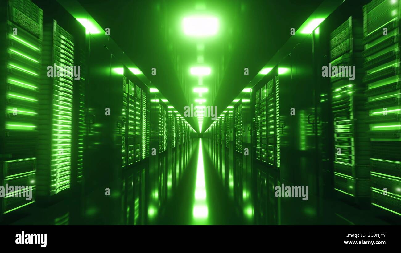 Modern working server room with rack servers. Data center with endless ...