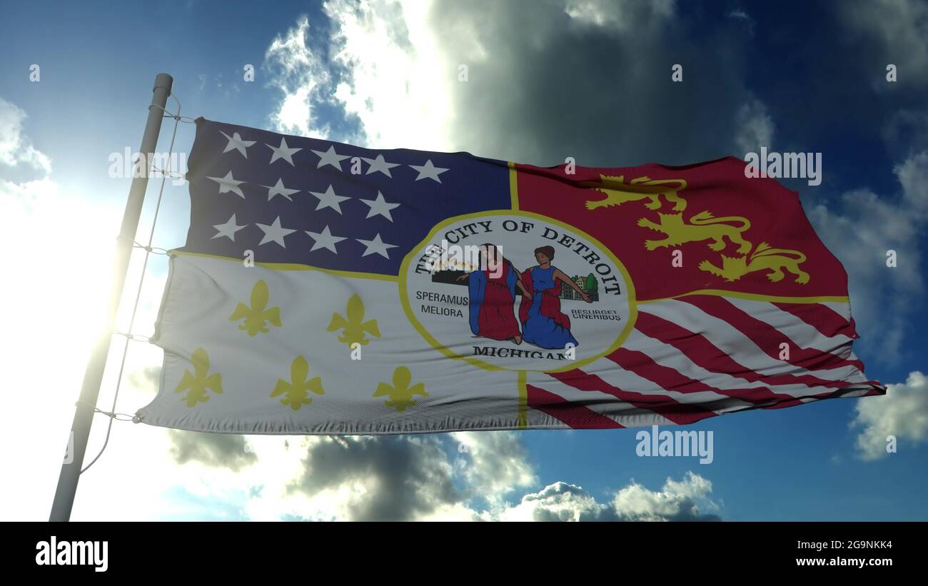 Detroit city flag, city of USA or United States of America, waving at ...