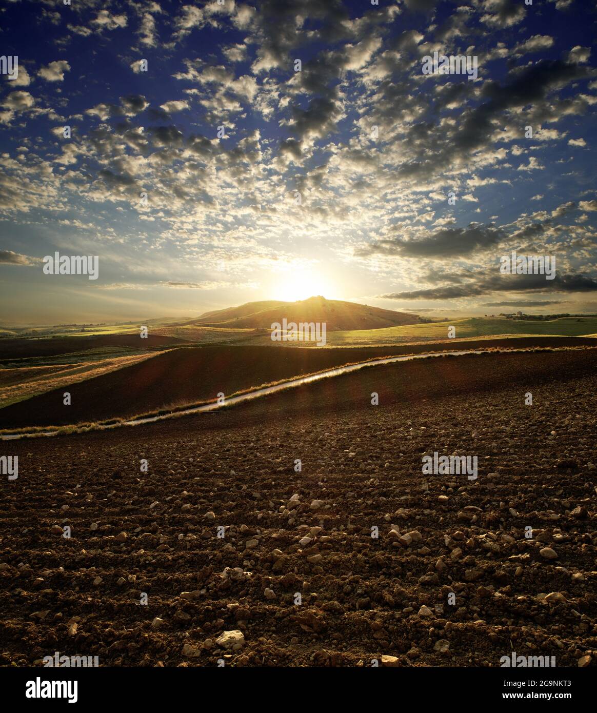sunset on plowed land Stock Photo - Alamy