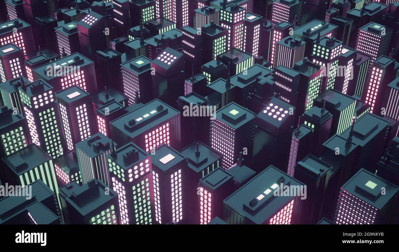 Cyberpunk futuristic city with skyscrapers. Abstract isometric city. 3d ...