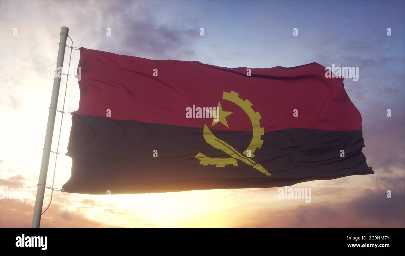 Flag of Angola waving in the wind, sky and sun background. 3d rendering ...