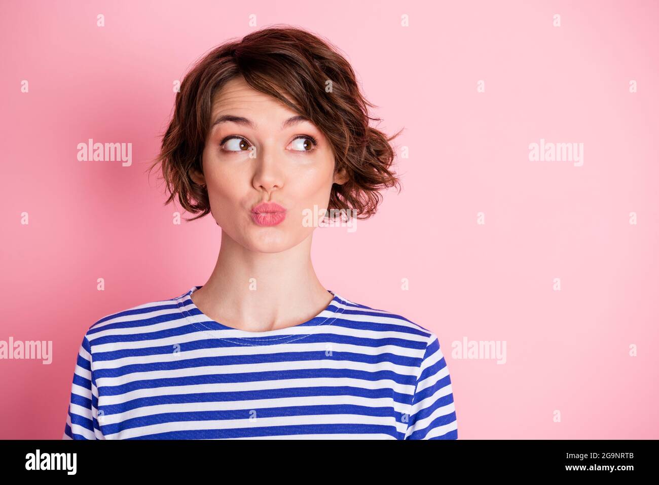 Portrait of young attractive pretty charming girl look copyspace pout ...