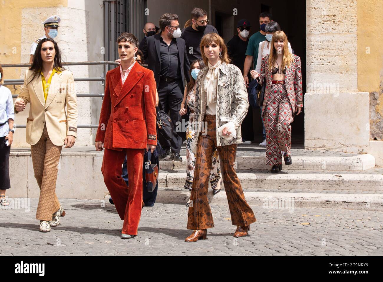 Rome, Italy. 27th July, 2021. Members of the Italian rock band Maneskin ...