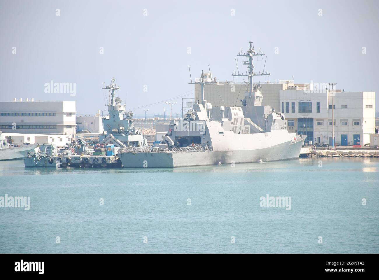 Israeli battle ships in harbor of Haifa. Two Sa'ar 5 class missile ...