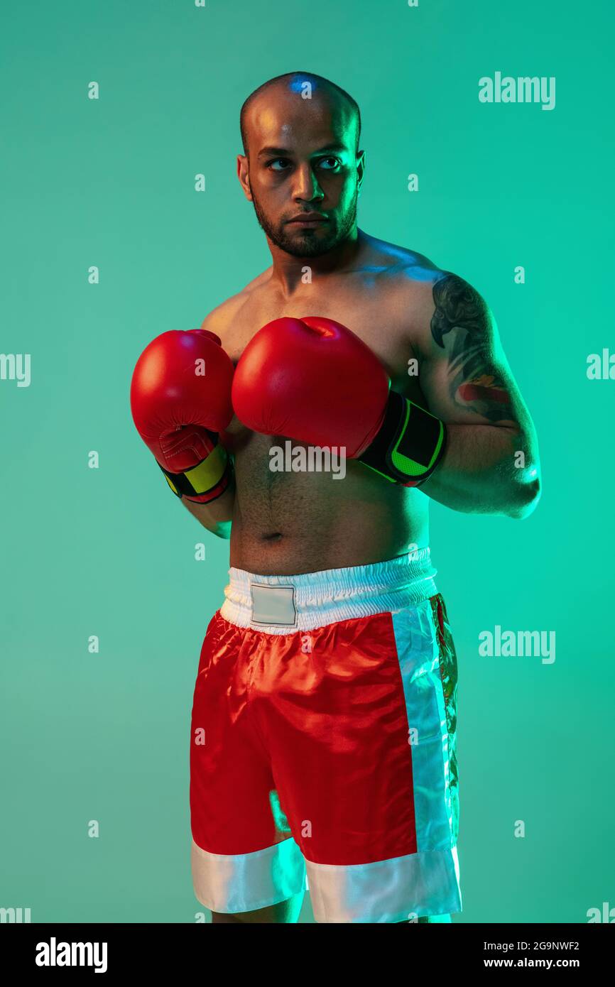 Vertical portrait of one professional male boxer standing in red gloves ...