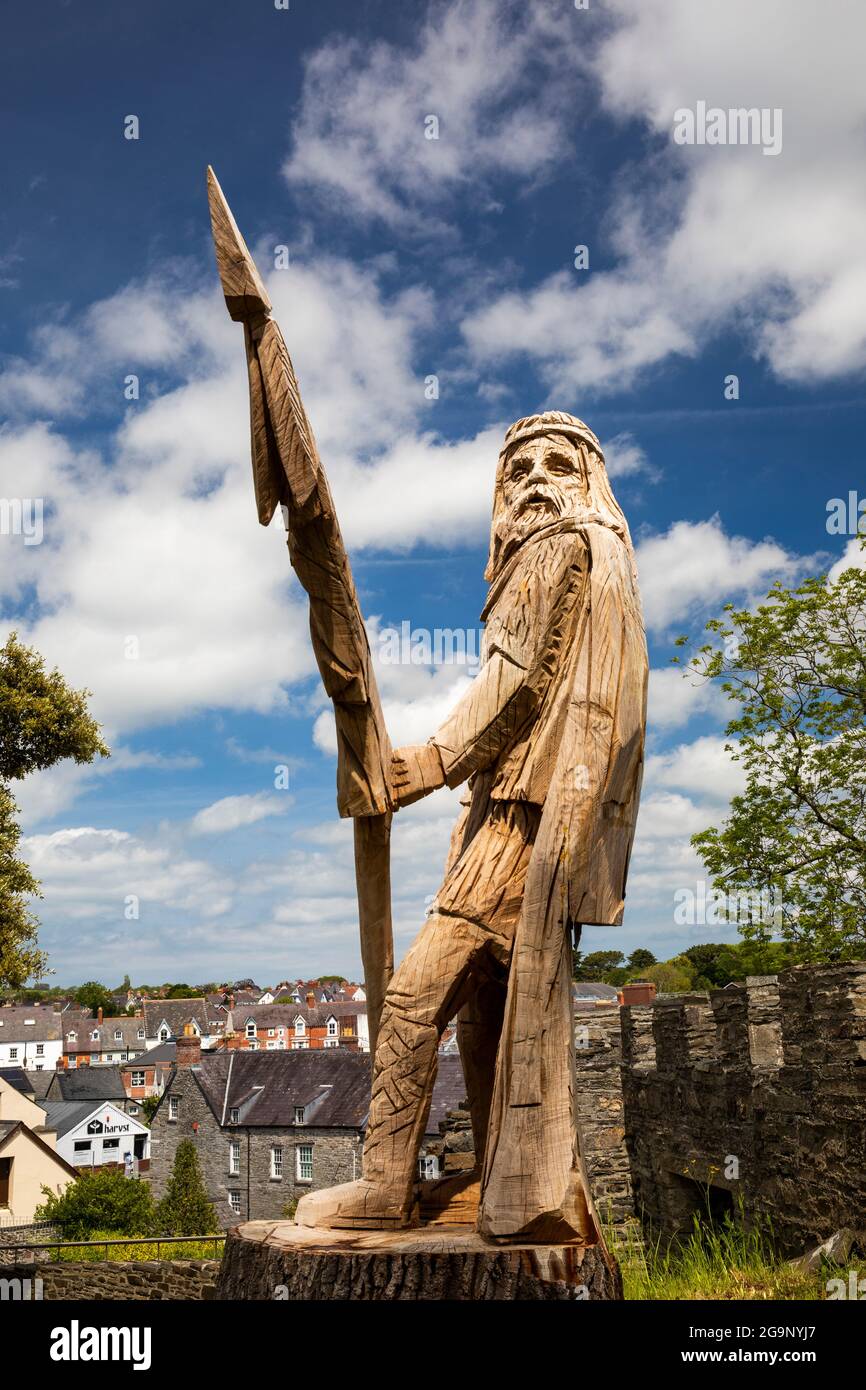 UK, Wales, Ceredigion, Cardigan, Castle, chainsaw sculpture of castle ...