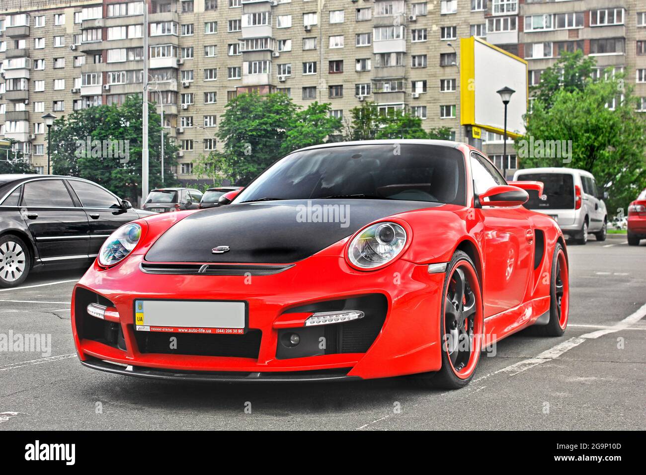 Kiev, Ukraine - November 3, 2013. Red TechArt Porsche 911 Turbo GT ...