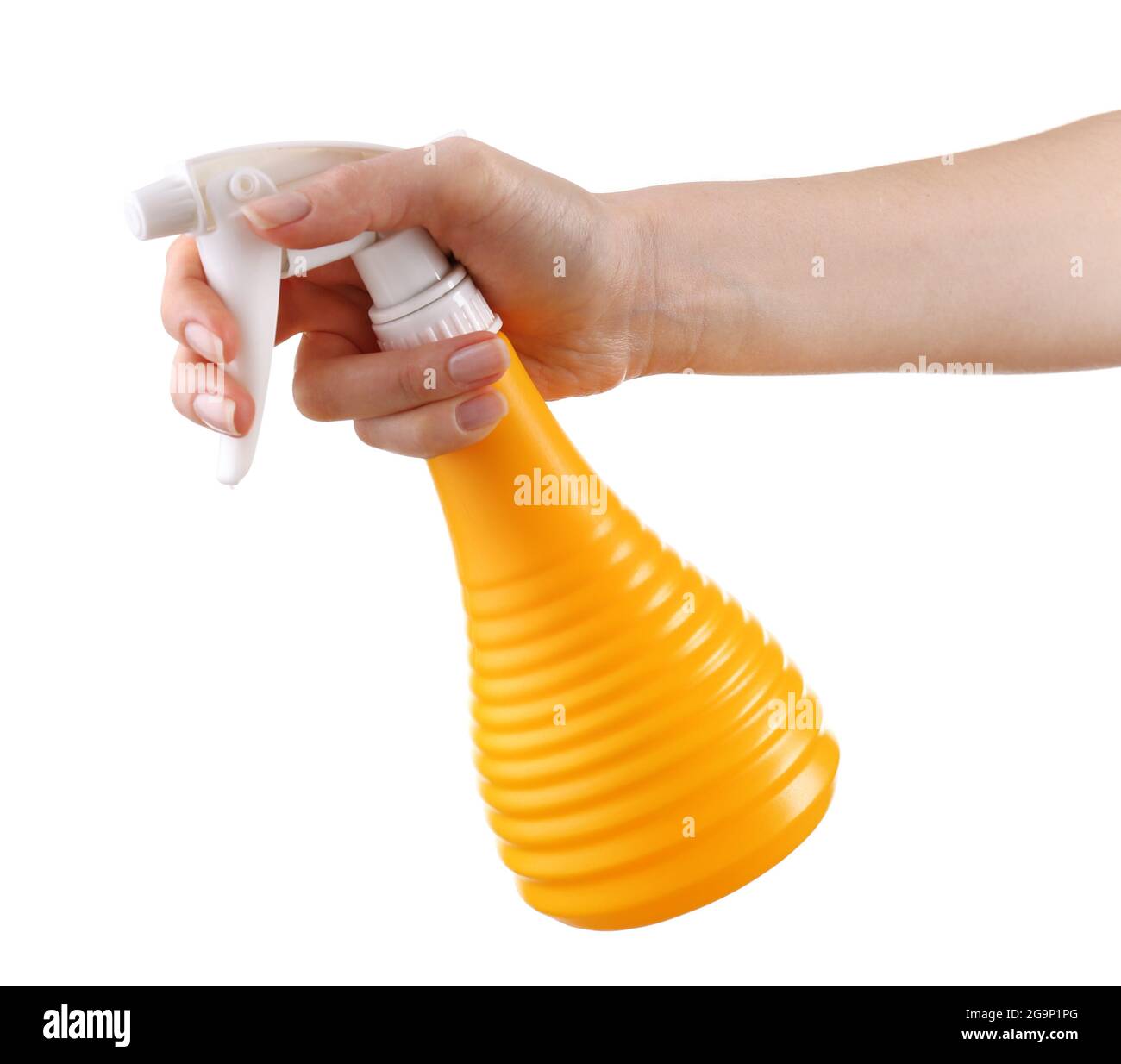 Female hand with sprayer isolated on white Stock Photo - Alamy
