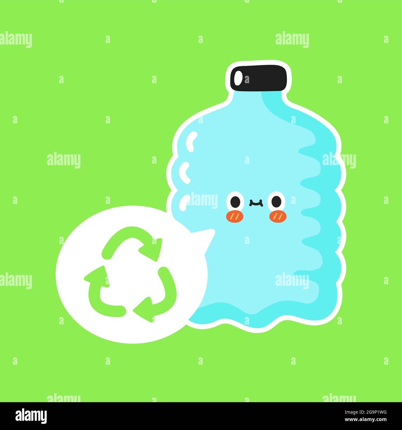 Cute plastic bottle with recycle sign in speech bubble. Vector cartoon ...